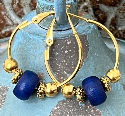 Gold Lever Back Hoops with Navy Blue Wooden Bead Earrings. Boho Chic ...