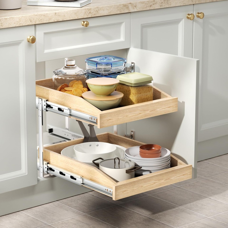 2 Tier Pull Out Cabinet Organizer, Double Tier Slide Out Wood Cabinet ...