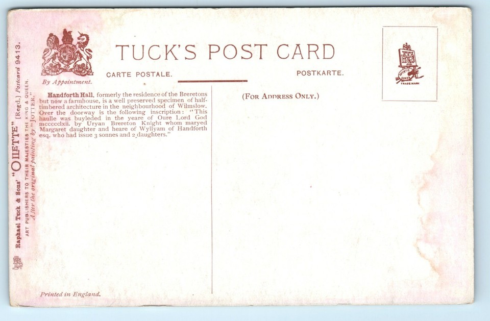 POSTCARD Raphael Tuck Handforth Hall Cheshire 9413 OIlette Jotter ...
