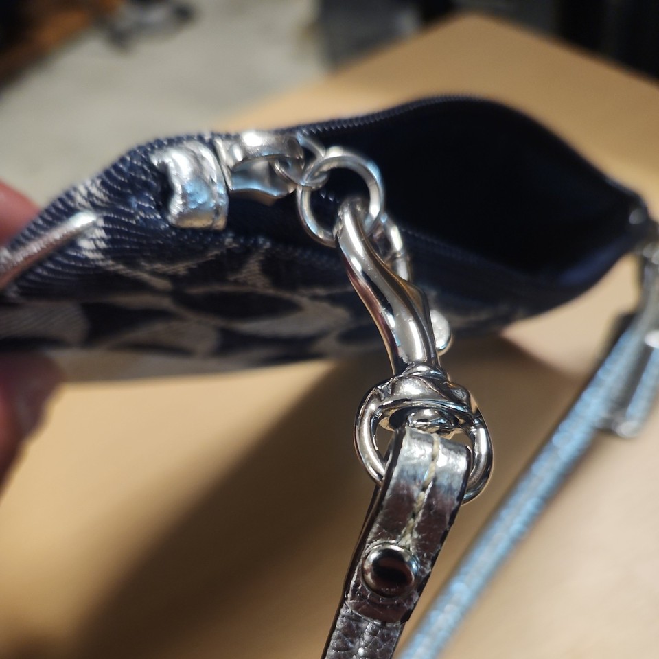 Coach Corner zip Black, Gray and silver Denim wristlet | eBay