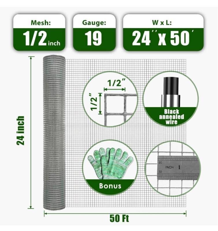 Hot Dipped Galvanized Wire Mesh 1/2 inch x 24 inch x 50 Foot 19 Gauge ...