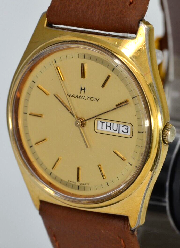 Vintage HAMILTON Champagne 9956 Swiss Made Quartz Gold tone Day Date ...