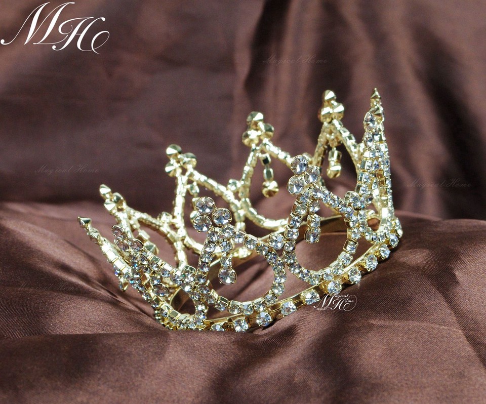 Small Tiara Gold Brides Mini Crowns Rhinestone Wedding Prom Party Hair ...