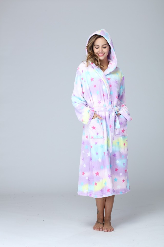 RONGTAI Womens Long Robes Plush Fleece Nightgown Thick Hooded Bathrobe ...