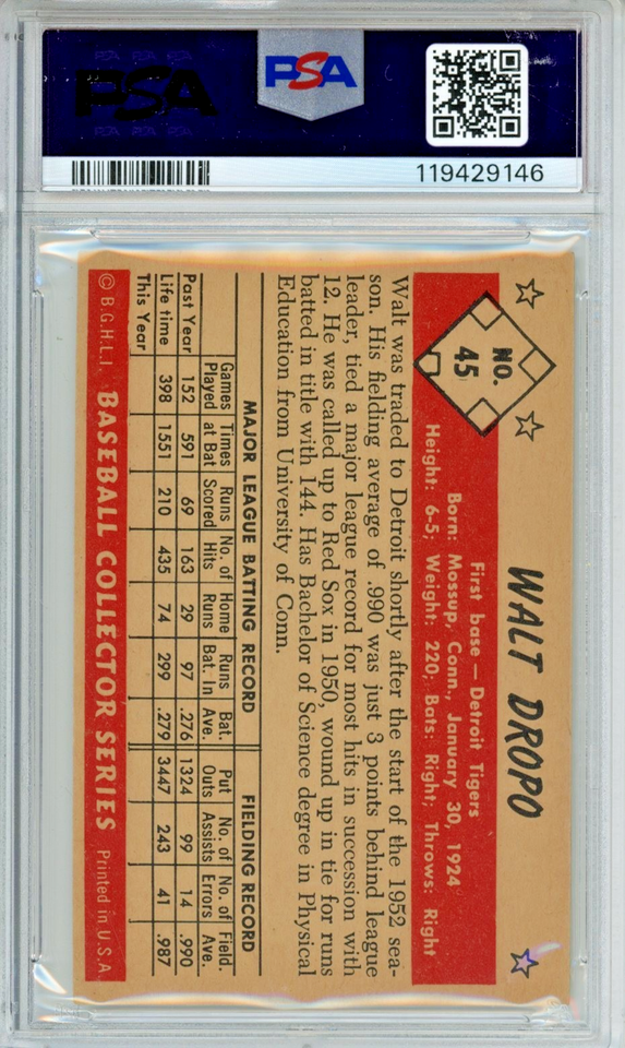 1953 Bowman Color Walt Dropo baseball card, graded EX-MT 6, #45 in the ...