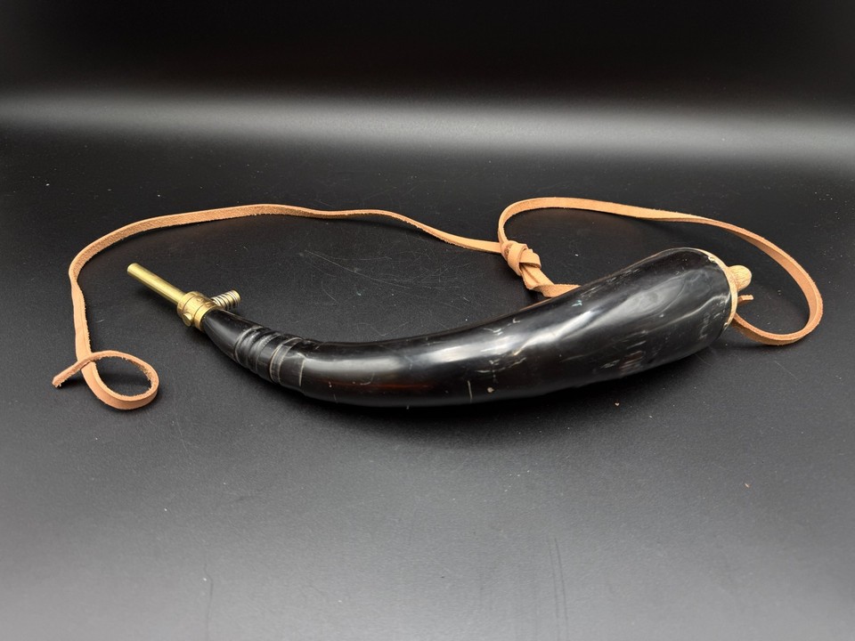 Vintage Black Powder Horn Flask with Brass Spout & Leather Strap ...