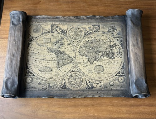 Beautiful World Map 1626 ACCVRAT Etched Wood Scroll Wall Art LARGE 22.5 ...