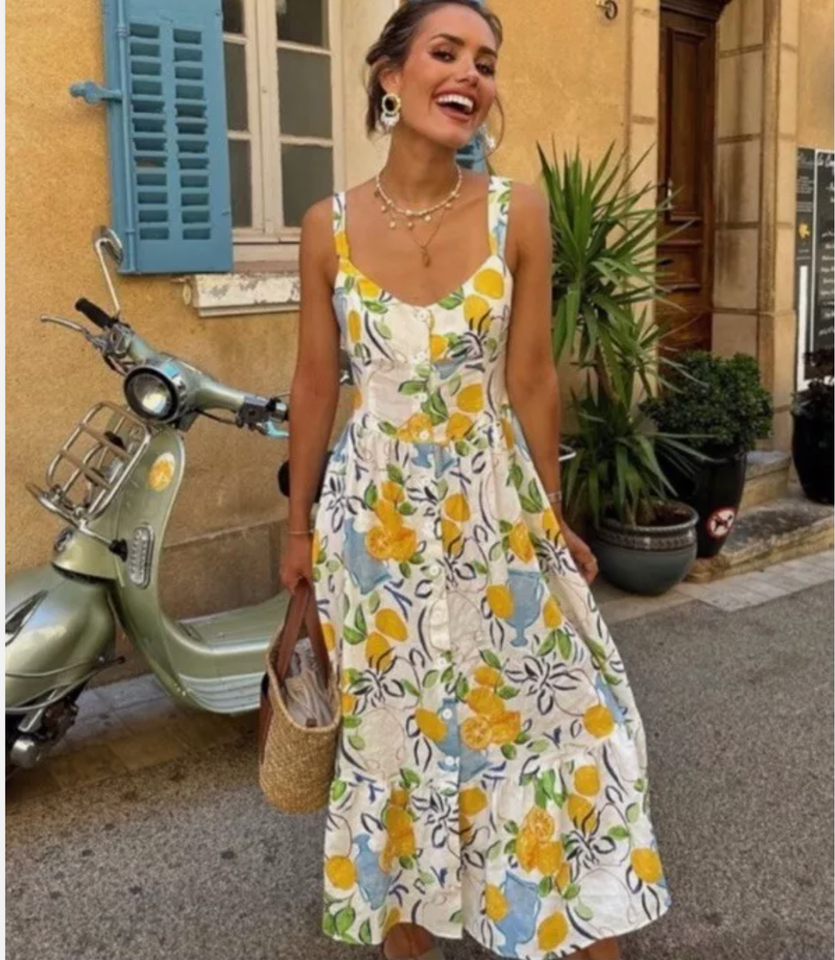 ZARA LEMON PRINT LINEN BLEND MIDI DRESS Yellow 3611/306 XS S M L ...