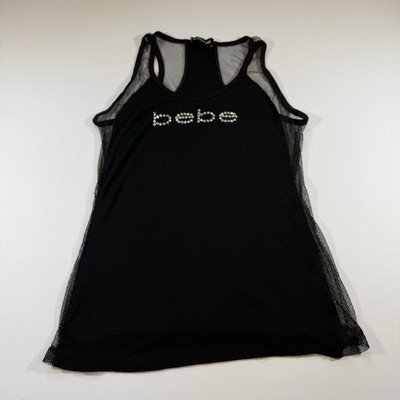 BEBE Vtg Y2K Rhinestone Spell out Ribbed Mesh Sheer Slim Tank Top ...