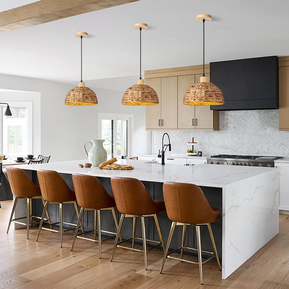 Boho Pendant Lights Kitchen Island, 11.8" Hand-Woven Rattan Light ...