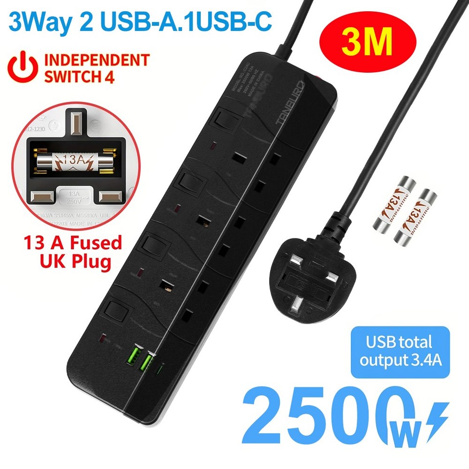 Extension Lead Power Strip Surge Protector 3 Gang Way 2 USB UK Plug ...