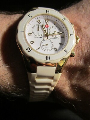 MICHELE CHRONOGRAPH TAHITIAN WATCH WHITE BAND NEEDS NEW BATTERY TO RUN ...