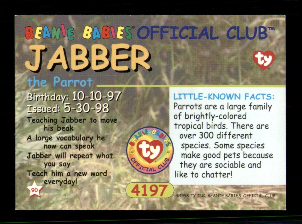 Jabber The Parrot 90 Retired Series I 1998 TY Beanie Baby Trading Card ...