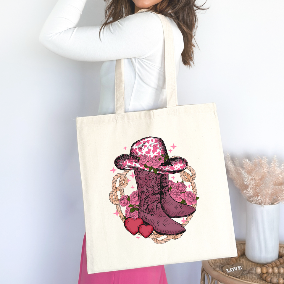 Tote Bag Pink Western Cowgirl Boots and Hat Cotton Canvas Everyday Eco ...
