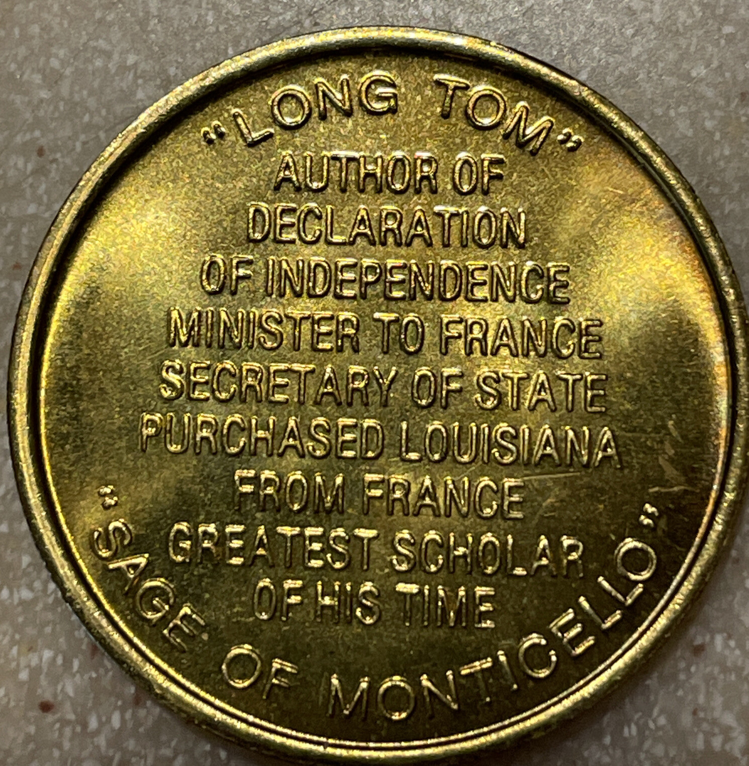 Thomas Jefferson 3rd President Brass Coin Long Tom Medal Coins Token ...