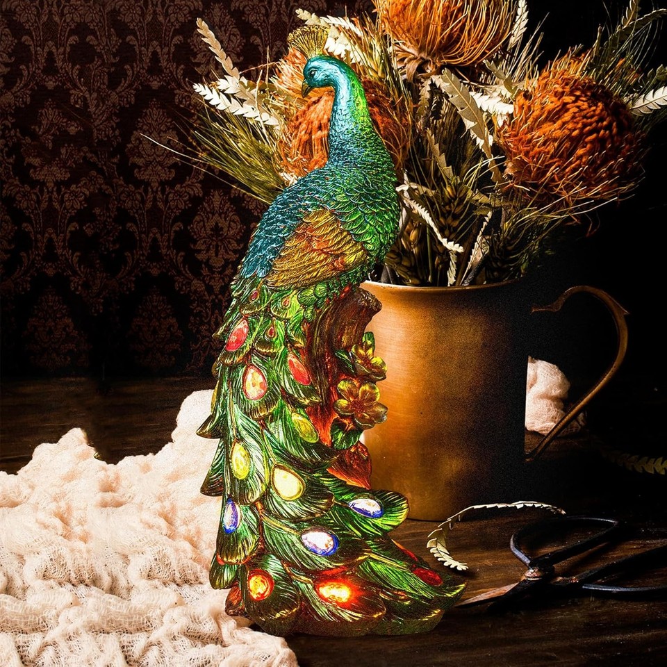 Solar Peacock Statue - LED Garden Decor with Gemstones Outdoor Yard Art ...