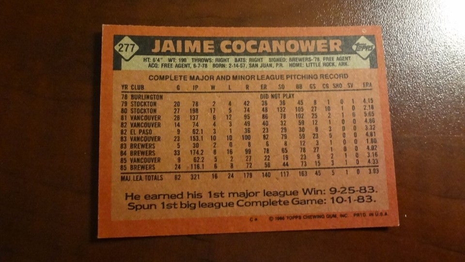 1986 TOPPS # 277 JAIME COCANOWER BASEBALL CARD | eBay