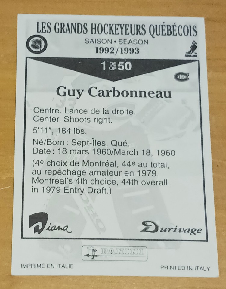 GUY CARBONNEAU - 1992 Durivage Grand Hockeyeurs Quebecois Card #1 | eBay