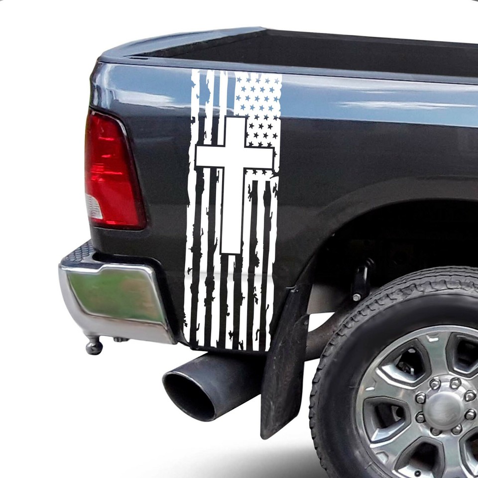 Distressed American Flag Cross Sticker Truck Bed Vinyl Decal fits most ...