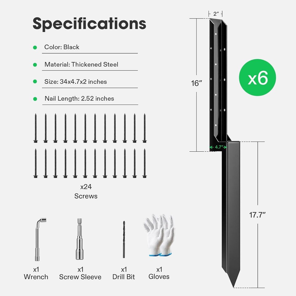 VIVOSUN 6 Pack Wood Fence Post Repair Stakes Kits "H" Design Ground ...