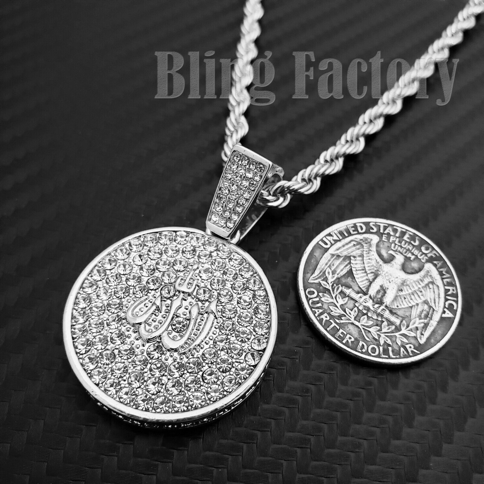 Hip Hop Silver PT Bling Muslim Allah Pendant & 4mm 24" Rope Chain ...