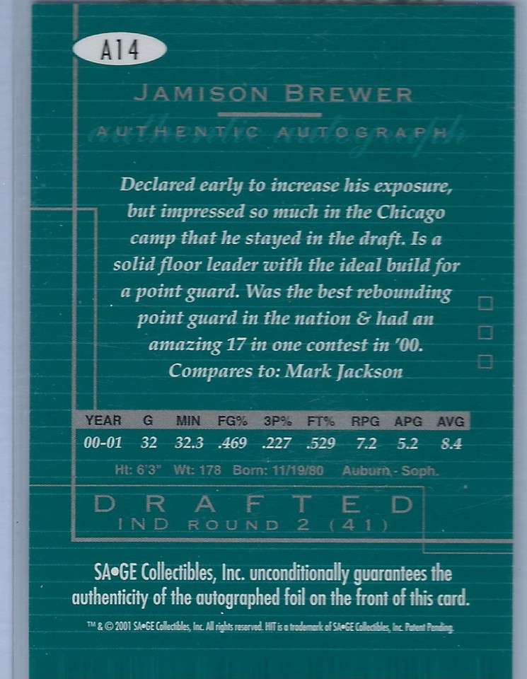 2001 Hit Basketball Jamison Brewer Autographed Auburn University Rookie ...
