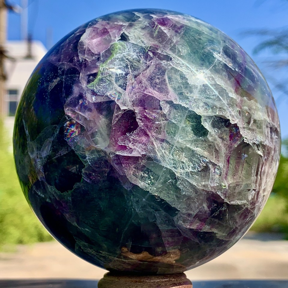 3.44LB Rare natural snowflake feather fluorite crystal ball therapeutic ...