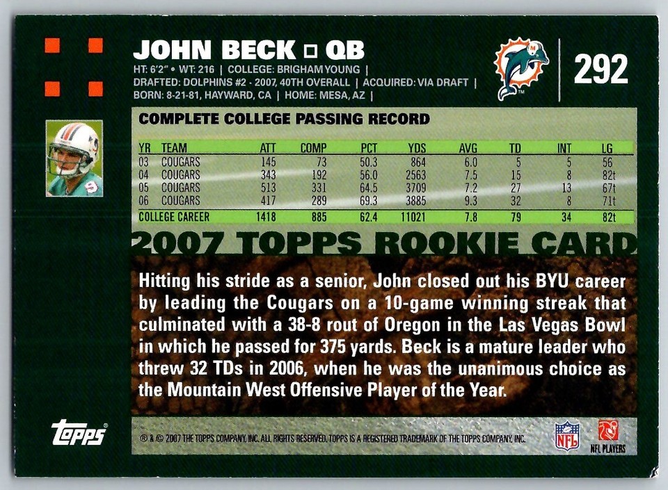 2007 TOPPS JOHN BECK RC MIAMI DOLPHINS #292 | eBay