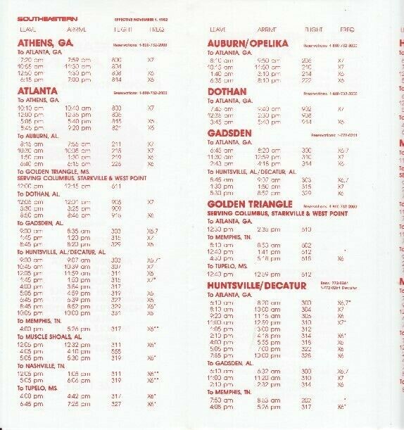 Southeastern Airlines timetable 1982/11/01 | eBay