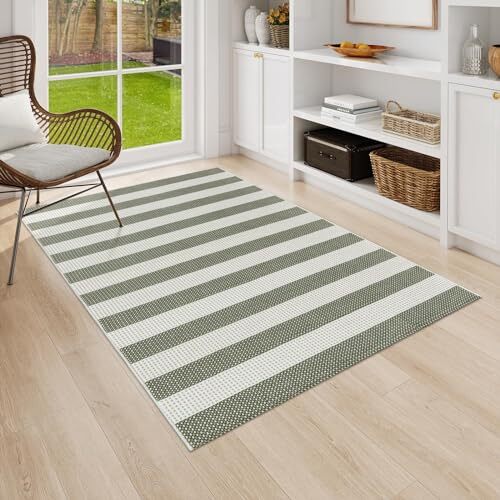 Green and White Striped Outdoor Area Rug 4x6 ft Washable 4'x6' Green ...