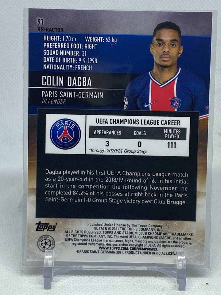 2021 Stadium Club Chrome UEFA #91 RC Colin Dagba - PSG Refractor | eBay