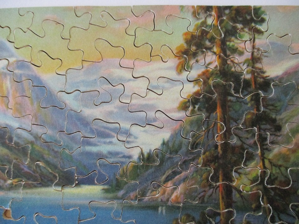 Vintage Wooden Puzzle Mountain Scene with Pine Trees Lake Almost ...