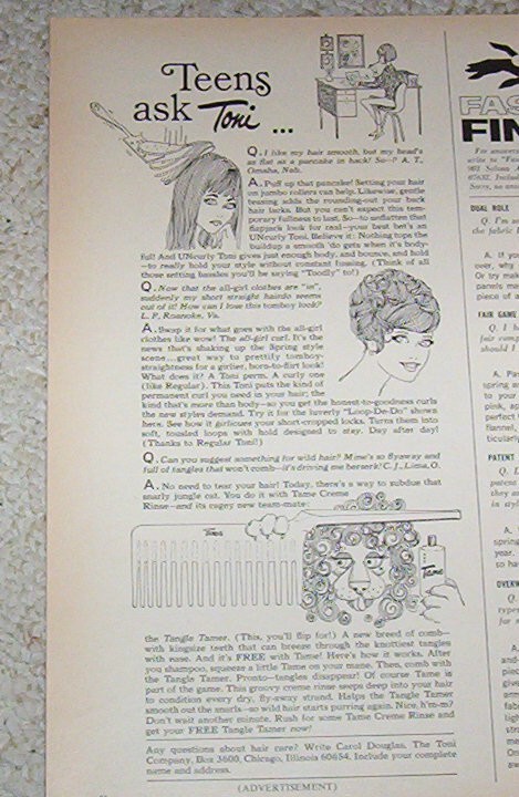1968 print ad -Toni hair care Teens Ask - Tame rinse UNcurly perms ...