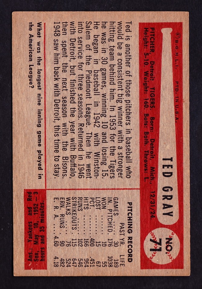 1954 BOWMAN #71 TED GRAY TIGERS | eBay