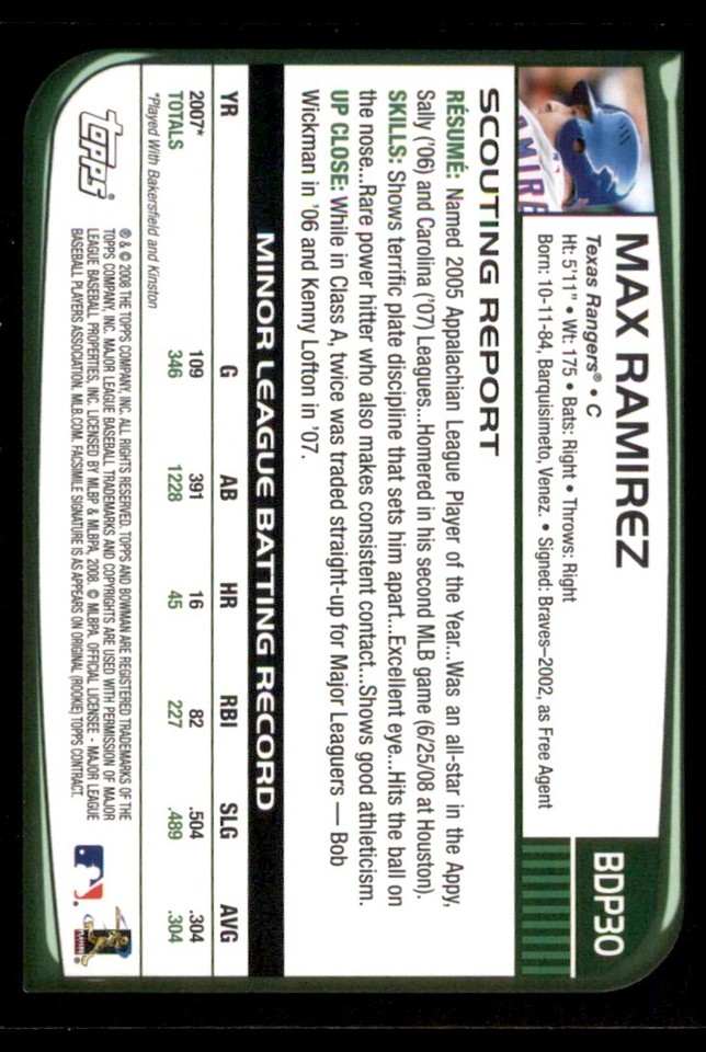2008 BOWMAN DRAFT PICKS & PROSPECTS MAX RAMIREZ RC TEXAS RANGERS #BDP30 | eBay
