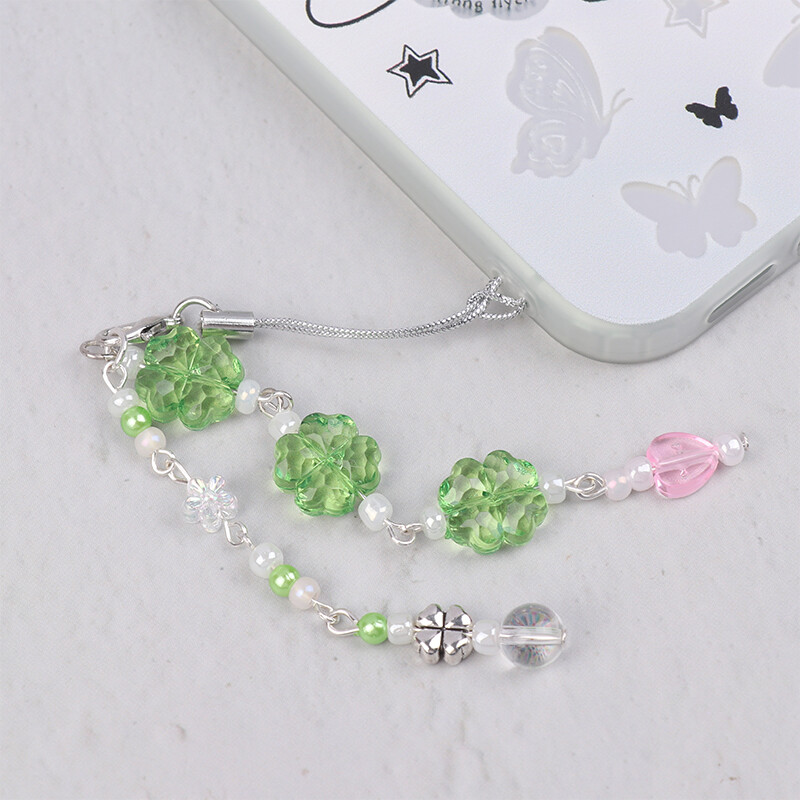 Handmade Beaded Phone Chain Four Leaf Clovers Cellphone Charm Keyring ...