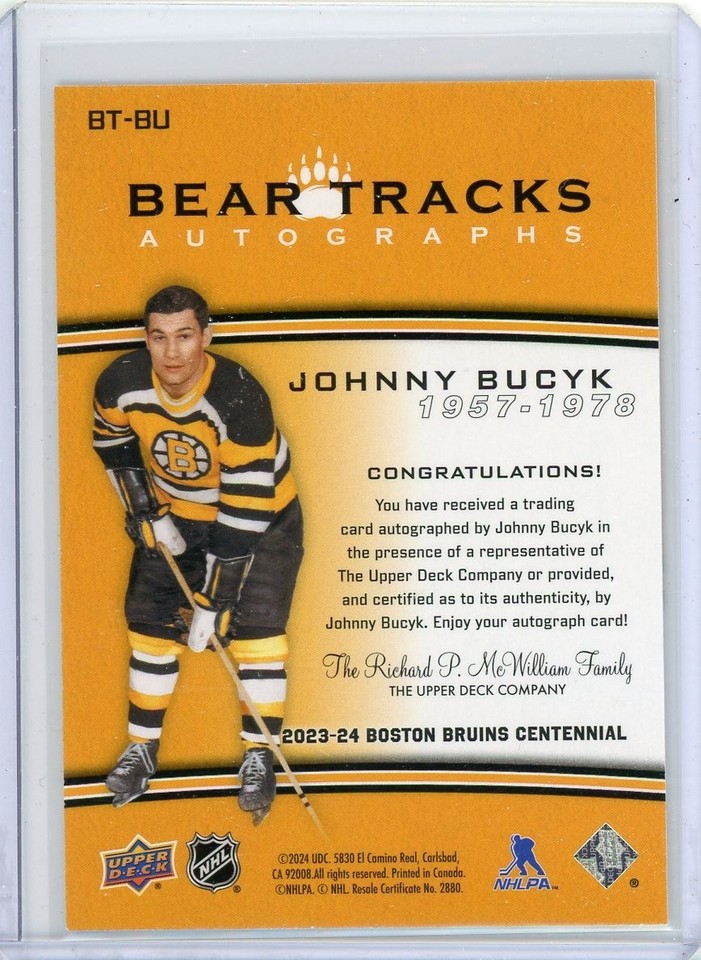2023-24 Upper Deck Boston Bruins Centennial Bear Tracks - Johnny Bucyk ...