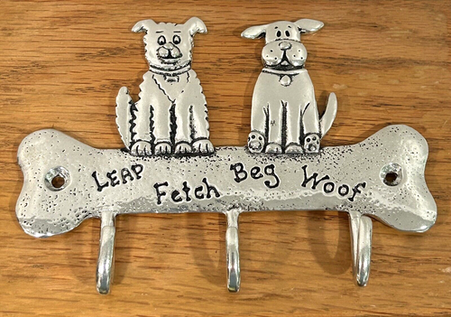 Pewter Dog Leash Holder ~ Wall Hook for Keys ~ Plaque ~ Leap Beg Fetch ...