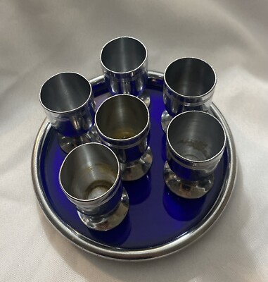 Chase Chrome Art Deco 6 Jigger Shot Glasses BLUE GLASS TRAY | eBay