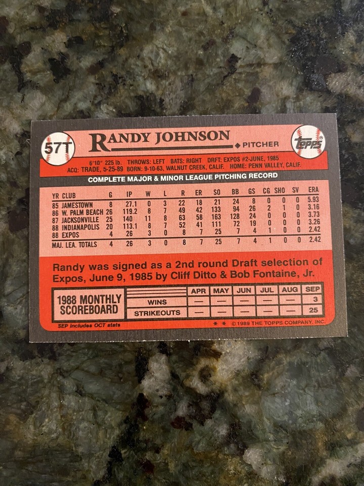 1989 Topps Traded Randy Johnson Rookie Card RC #57T Seattle Mariners NM ...