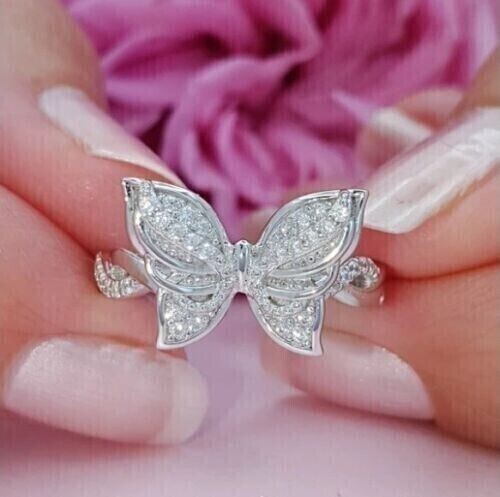 1.93 Ct Round Cut Simulated Diamond Butterfly Wedding Ring 14k White ...