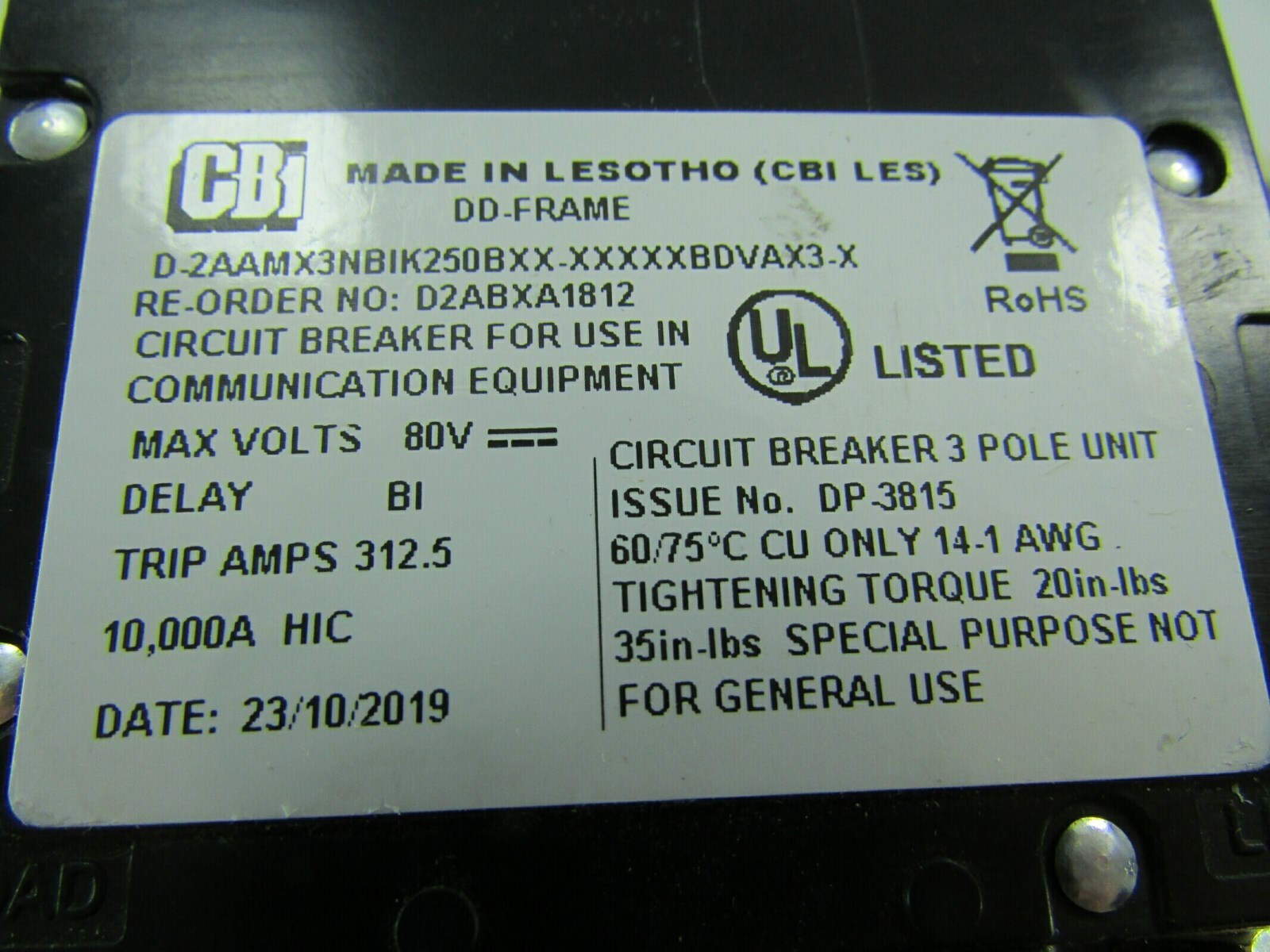 New CBI 3-Pole DD-Frame 250A / 80V DC Circuit Breaker Stud Terminals ...
