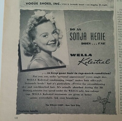 1944 Wella Kolestral hair conditioner ice skater Sonja Henie photo ad ...