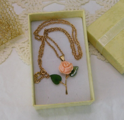 Coral Jade Flower Pendant Necklace 12K Gold Filled Vintage | eBay