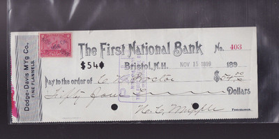 First National Bank Used Bank Check 1899 Bristol New Hampshire Revenue ...