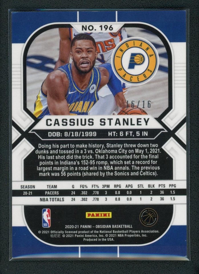2020-21 CASSIUS STANLEY 16/16 PANINI OBSIDIAN ASIA ROOKIE RC #196 | eBay