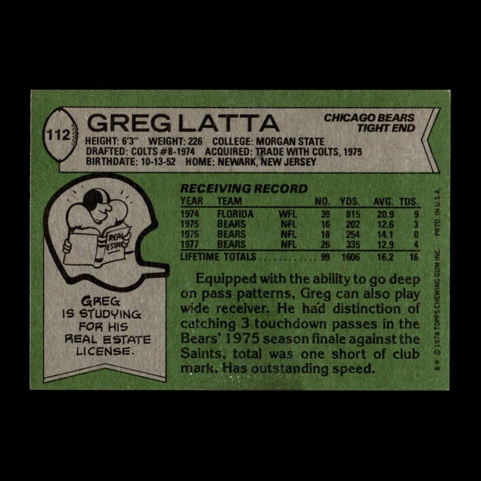Greg Latta 1978 Topps Chicago Bears #112 R308E 3 | eBay