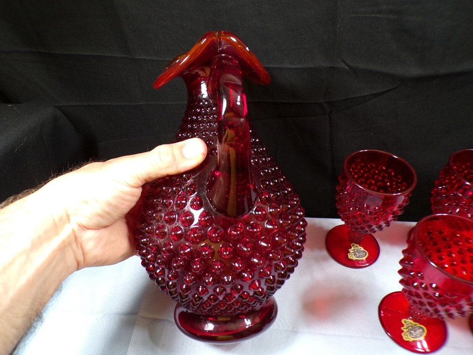 Fenton Ruby Red Glass Hobnail Wine Set Decanter w/ Stopper & 4 Wine ...