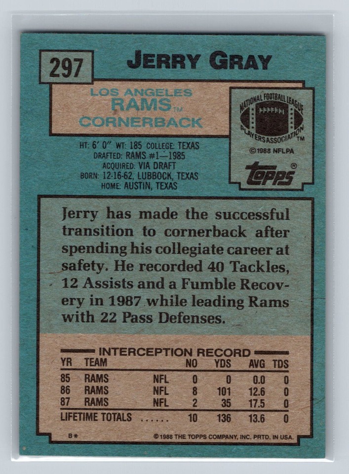 1988 Topps #297 Jerry Gray Los Angeles Rams Mint | eBay