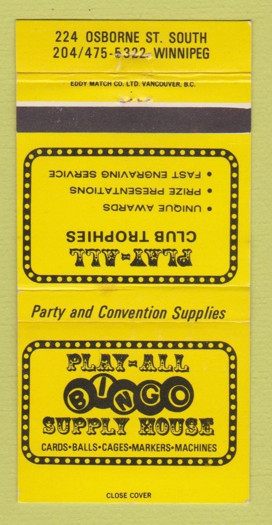 Matchbook Cover - Play All Bingo Supply House Winnipeg MB 30 Strike ...